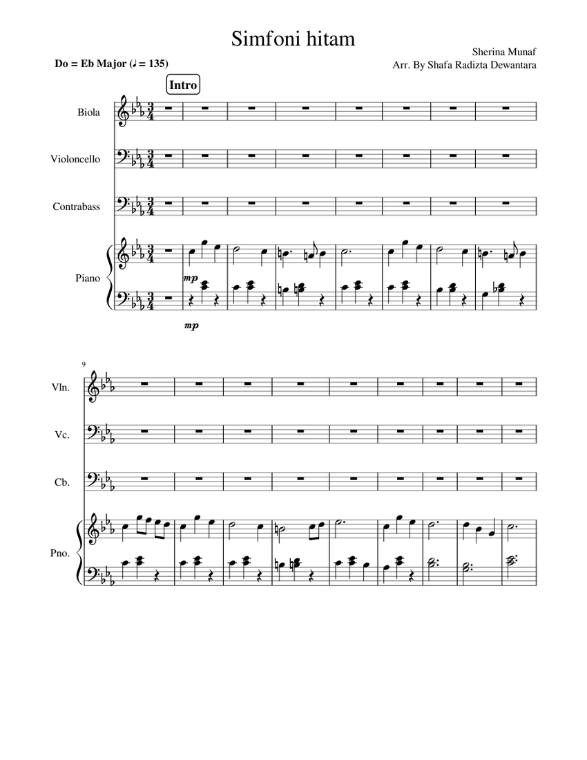 Simfoni hitam Sheet Music for Piano, Contrabass, Violin, Cello (Mixed ...