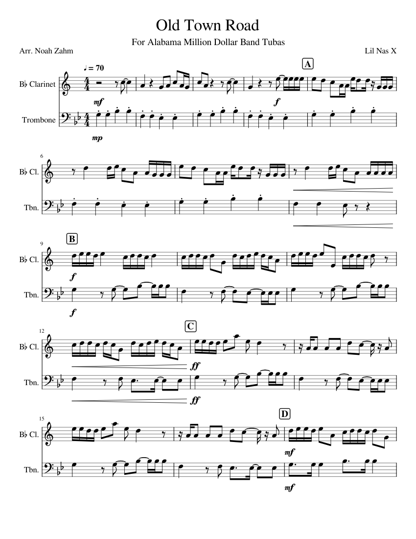 Old_Town_Road Sheet music for Trombone, Clarinet in b-flat (Mixed Duet ...