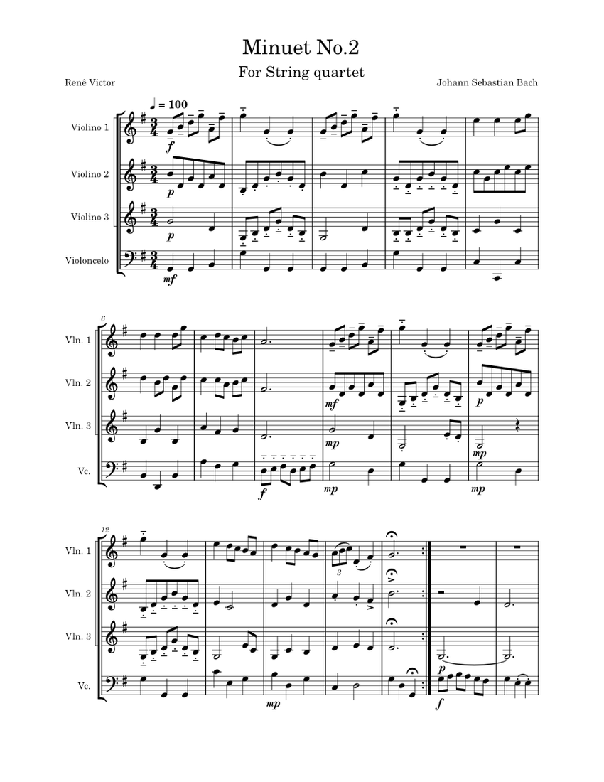 Bach - Minuet No.2, for Three violins and one cello Sheet Music for Violin, Cello (String ...