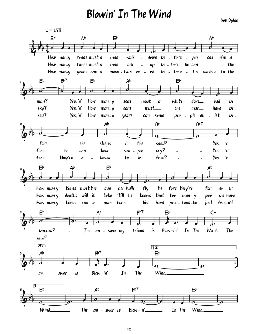 Blowin' in the Wind (Lead sheet with lyrics ) Sheet Music with Chords ...