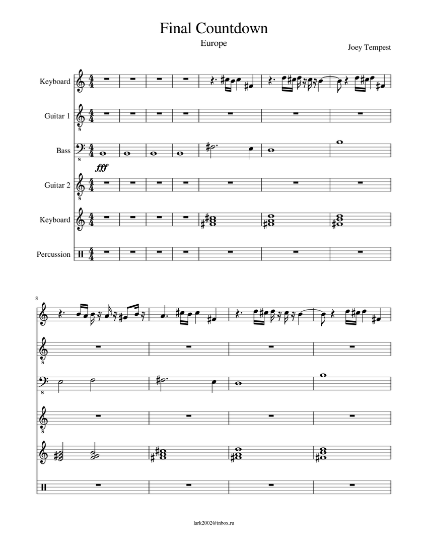 The Final Countdown Sheet Music for Guitar, Bass guitar, Drum (other ...
