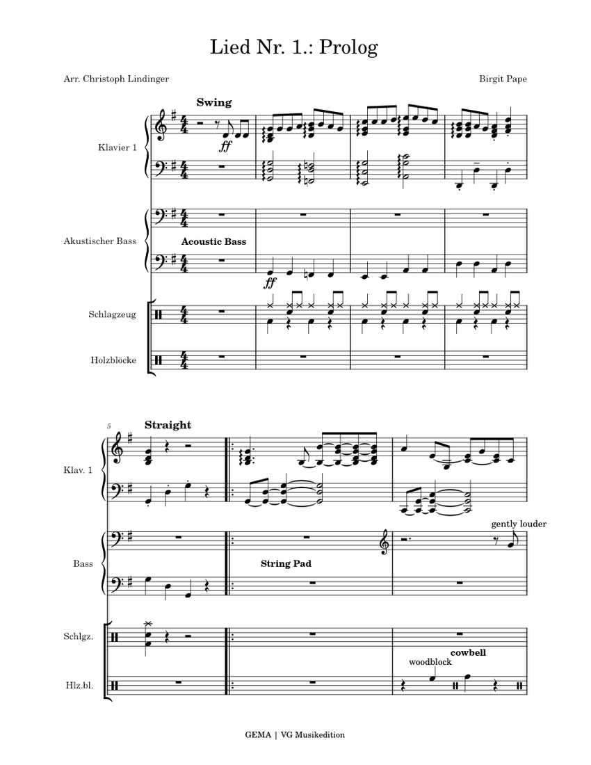 Daniel in der Löwengrube – Birgit Pape Lied Nr. 1. Prolog Sheet music for Piano, Drum group ...