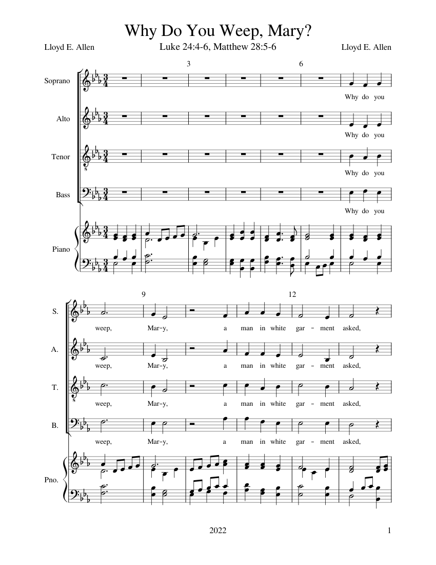 Why Do You Weep, Mary Sheet Music for Piano, Soprano, Alto, Tenor ...