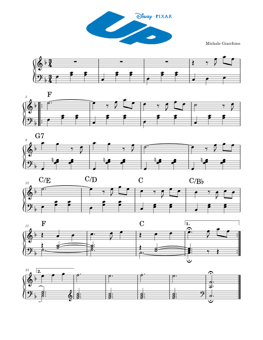 Disney Pixar's Up - Main Theme Sheet Music with Chords for Piano (Solo ...