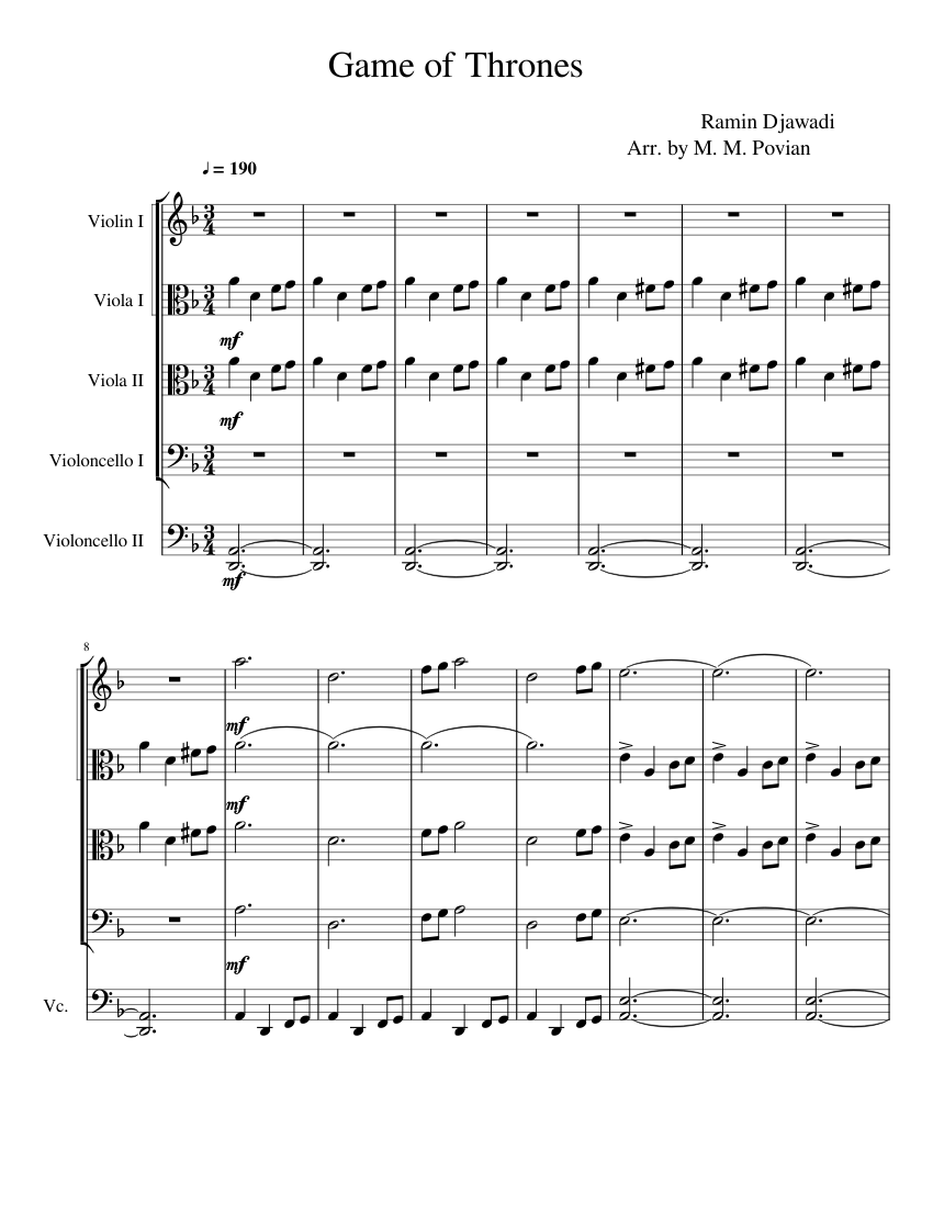 Game of Thrones Ramin Djawadi Arr. by M. M. Povian Sheet Music for ...