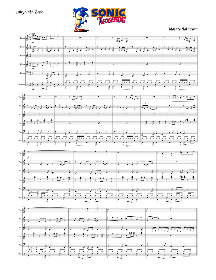 Sonic - Labyrinth Zone Sheet Music for Piano, Drum group (Mixed ...