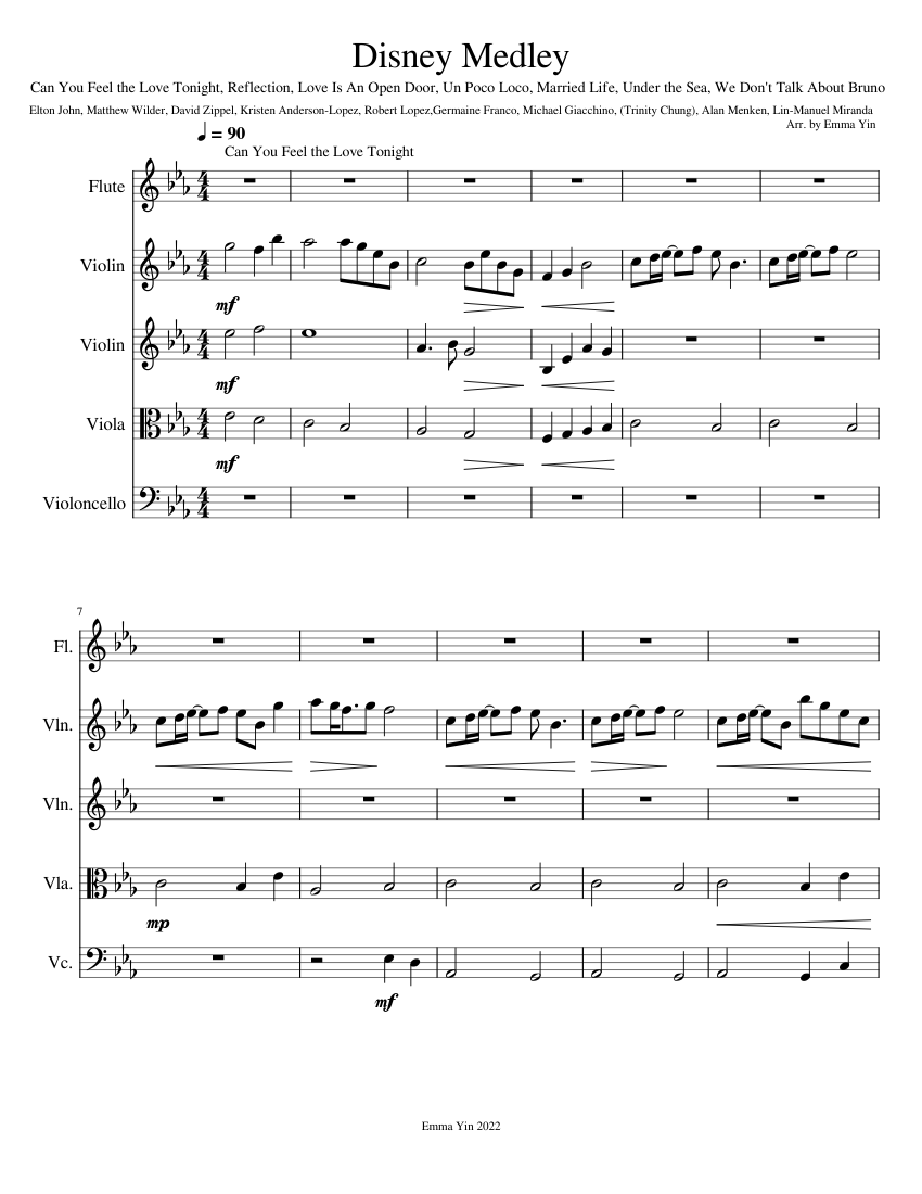 Disney Medley - Arr. by Emma Yin 2022 Sheet music for Flute, Violin ...