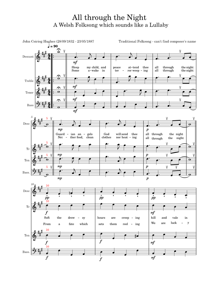 All through the Night Score SATB with lyrics Sheet Music for Recorder ...