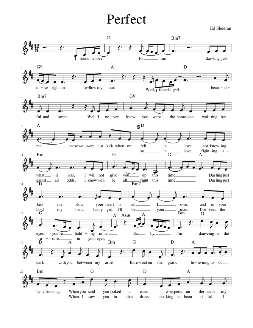 Perfect Ed Sheeran Partitur Sheet Music with Chords for Piano (Solo) Easy | MuseScore.com