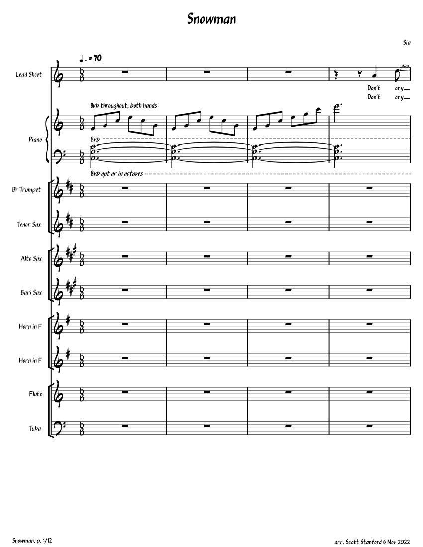 Snowman – Sia (Concert C) Sheet Music with Chords for Piano, Tuba ...
