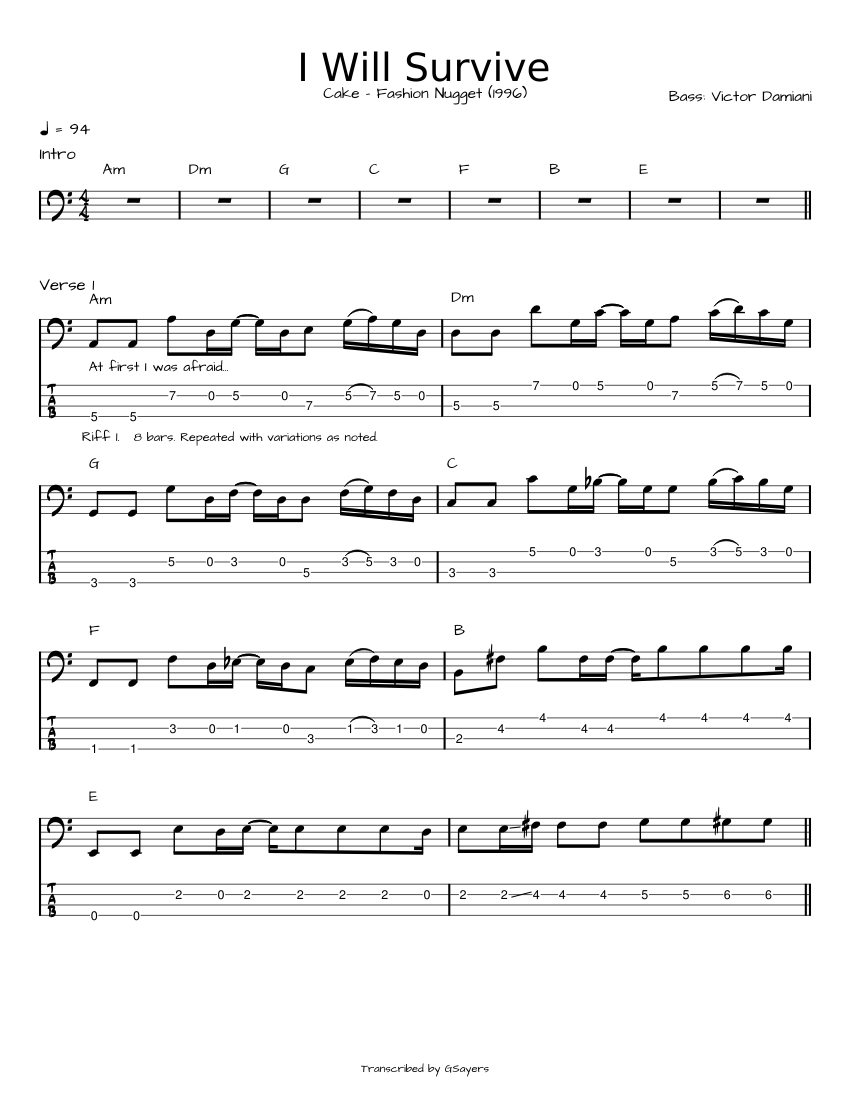 Cake - I Will Survive - Bass Sheet Music and Tab with Chords for Bass ...
