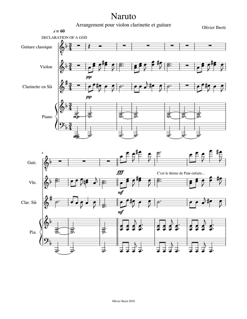 Naruto Medley Sheet music for Piano, Clarinet in b-flat, Violin, Guitar ...