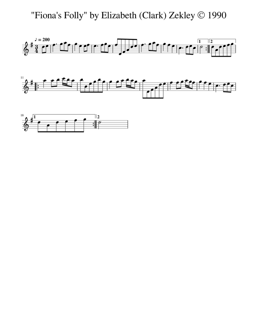 "Fiona's Folly" by Elizabeth (Clark) Zekley © 1990 Sheet music for ...