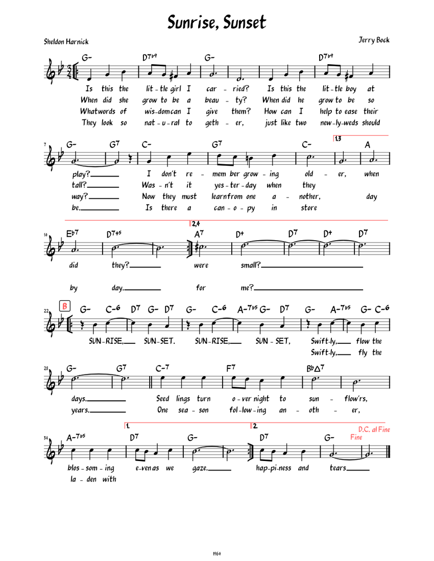 Sunrise Sunset (Lead sheet with lyrics ) Sheet music for Piano (Solo ...