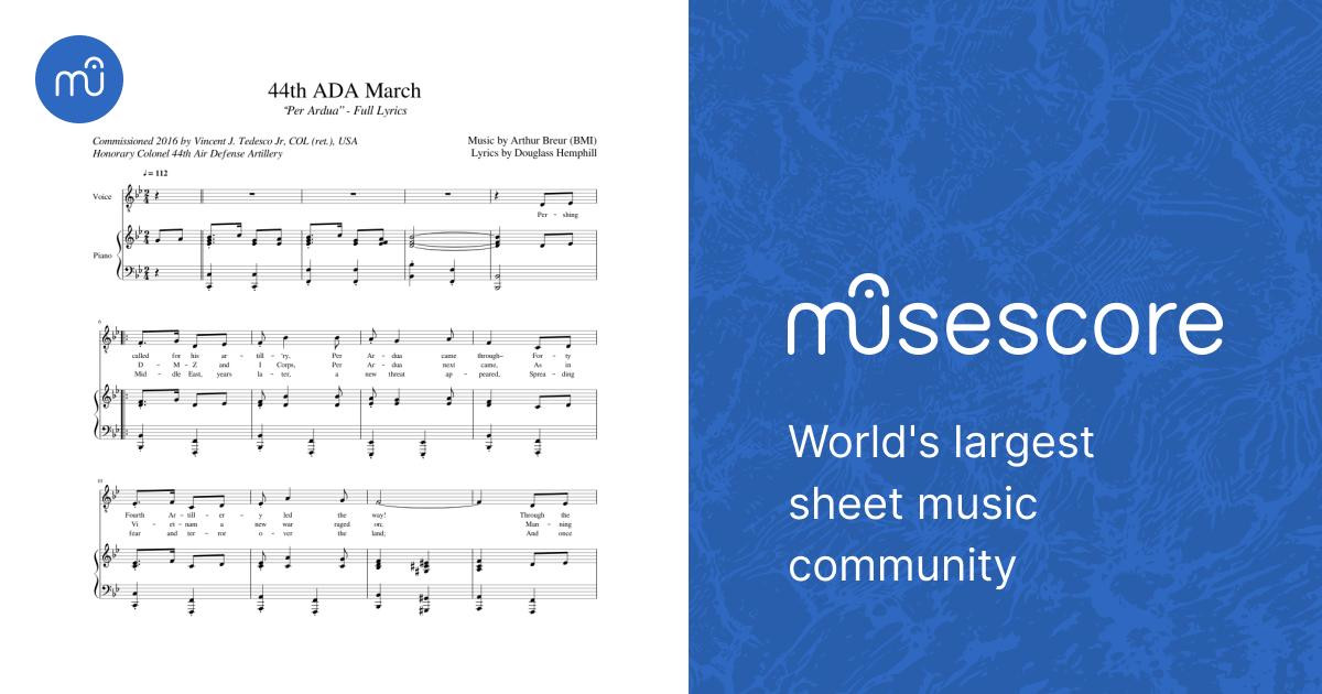 "Per Ardua" - 44th ADA March - Full Lyrics Sheet Music for Piano ...