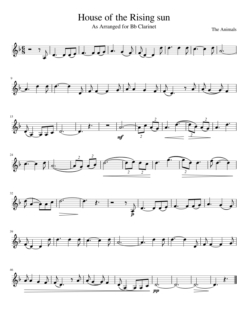 House of the Rising Sun Divya Sheet Music for Clarinet in b-flat (Solo ...