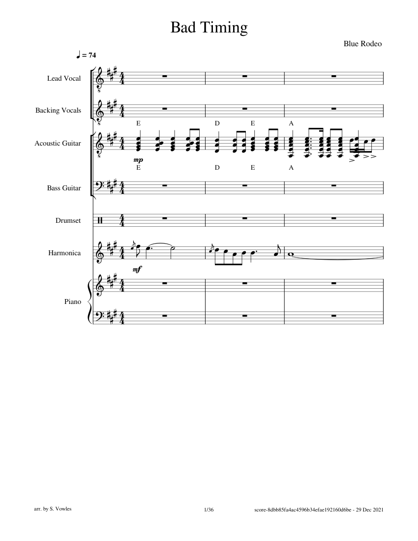 Bad Timing (Blue Rodeo) Sheet Music for Piano, Vocals, Guitar, Bass ...