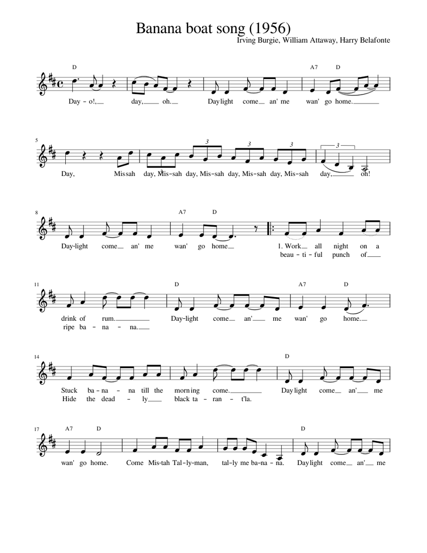 Banana boat song Sheet Music with Chords for Piano (Solo) easy ...