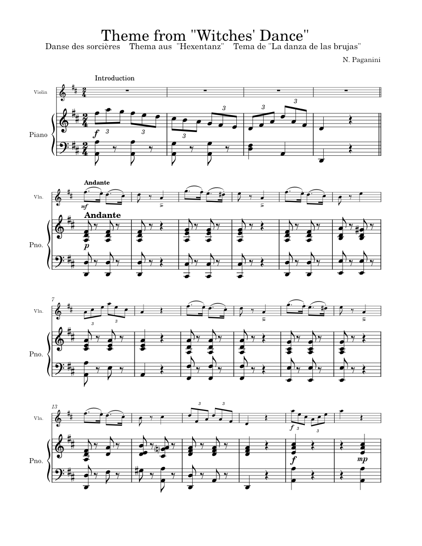 Theme From The Witches' Dance – Niccolò Paganini Sheet Music for Piano ...