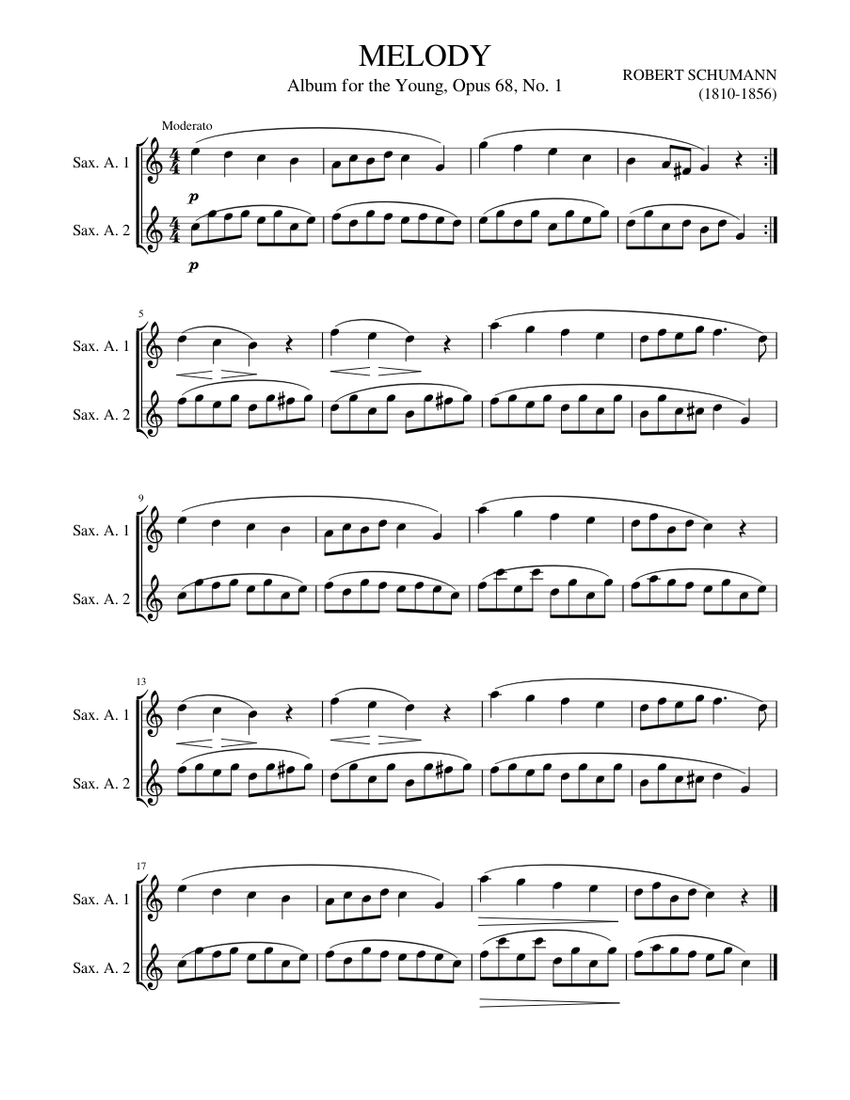 Robert Schumann Melody Op 68 Sheet Music for Saxophone alto (Woodwind ...