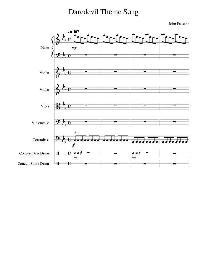 Daredevil_Theme_Song Sheet music for Piano, Contrabass, Snare drum ...