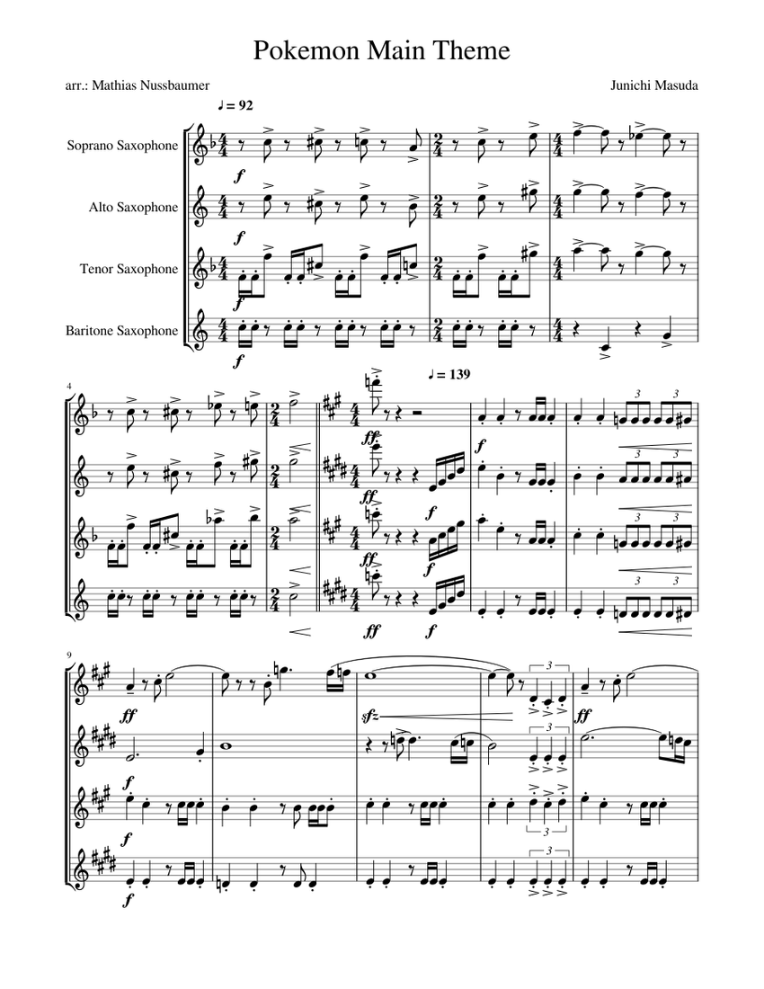 Pokemon Main Theme Sheet Music for Saxophone alto, Saxophone tenor ...