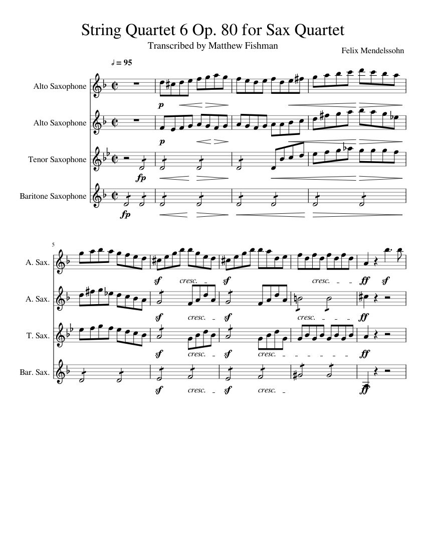 String Quartet No.6, Op.80 - Felix Mendelssohn Sheet Music for Saxophone alto, Saxophone tenor ...