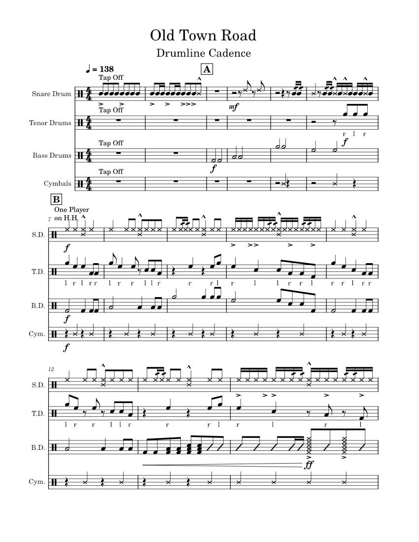 .Old Town Road - Drumline Cadence Sheet Music for Snare drum, Crash ...