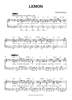 Kenshi Yonezu (米津玄師) — Lemon Sheet Music for Piano (Solo) | MuseScore.com