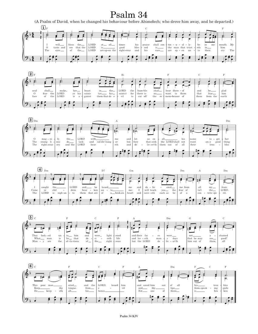Psalm 34 KJV Sheet Music with Chords for Piano (Piano-Voice) Easy ...