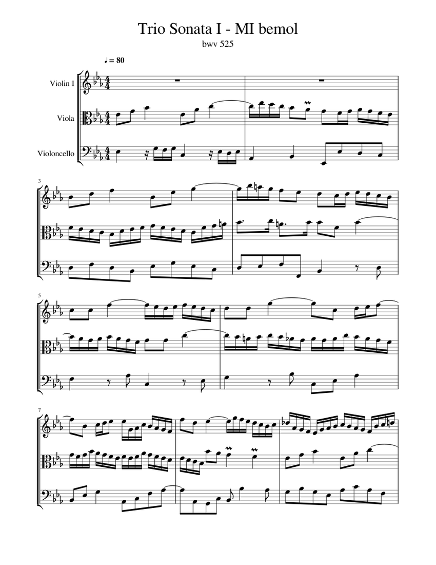 BWV 525 Trio Sonata E Flat Sheet Music for Violin, Viola, Cello (String ...