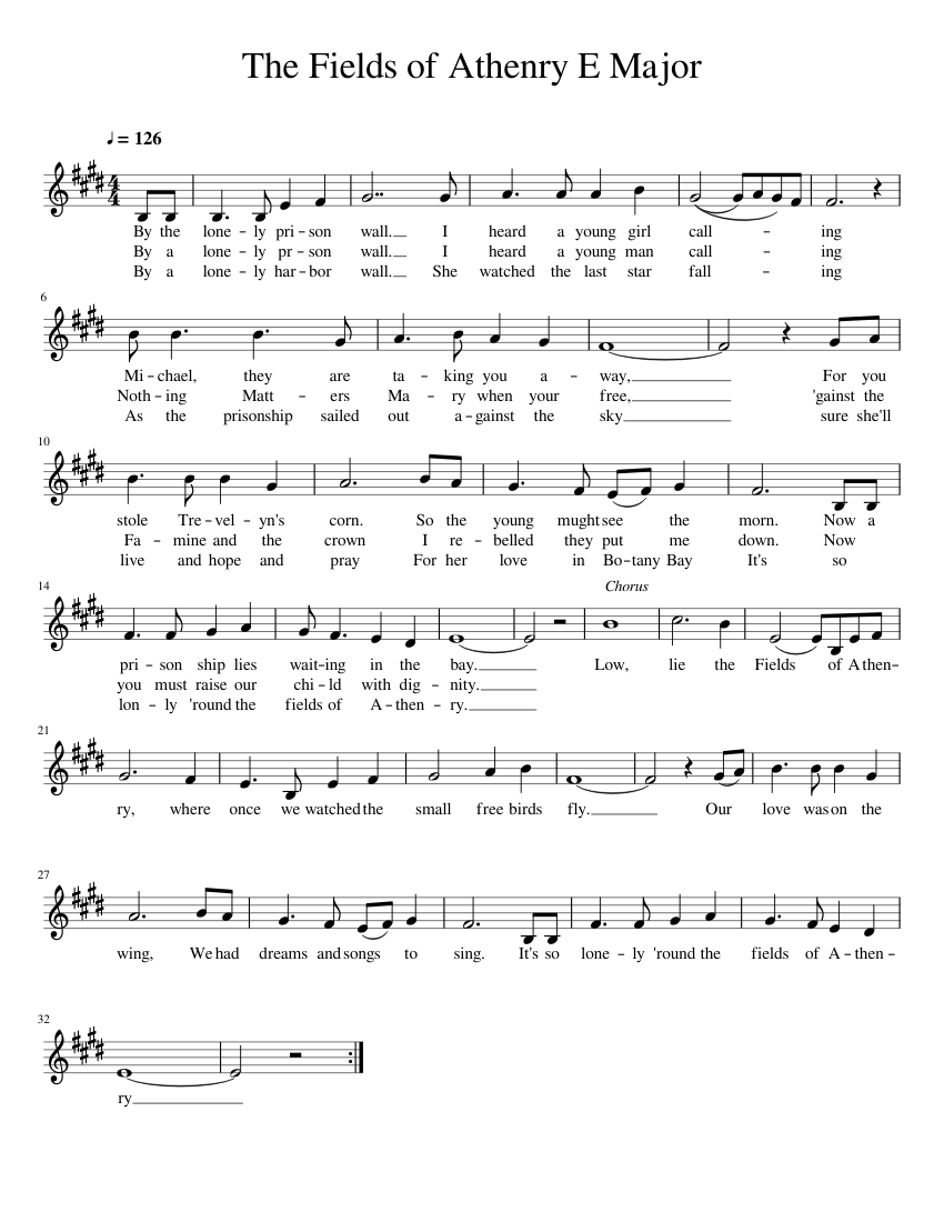 The Fields of Athenry E Major Sheet Music for Accordion (Solo ...