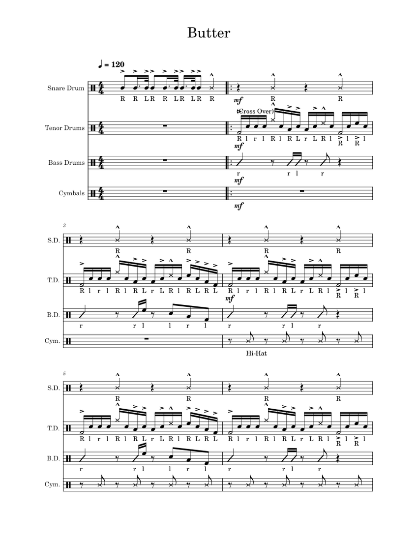 Butter Sheet music for Snare drum, Crash, Tenor drum, Bass drum ...
