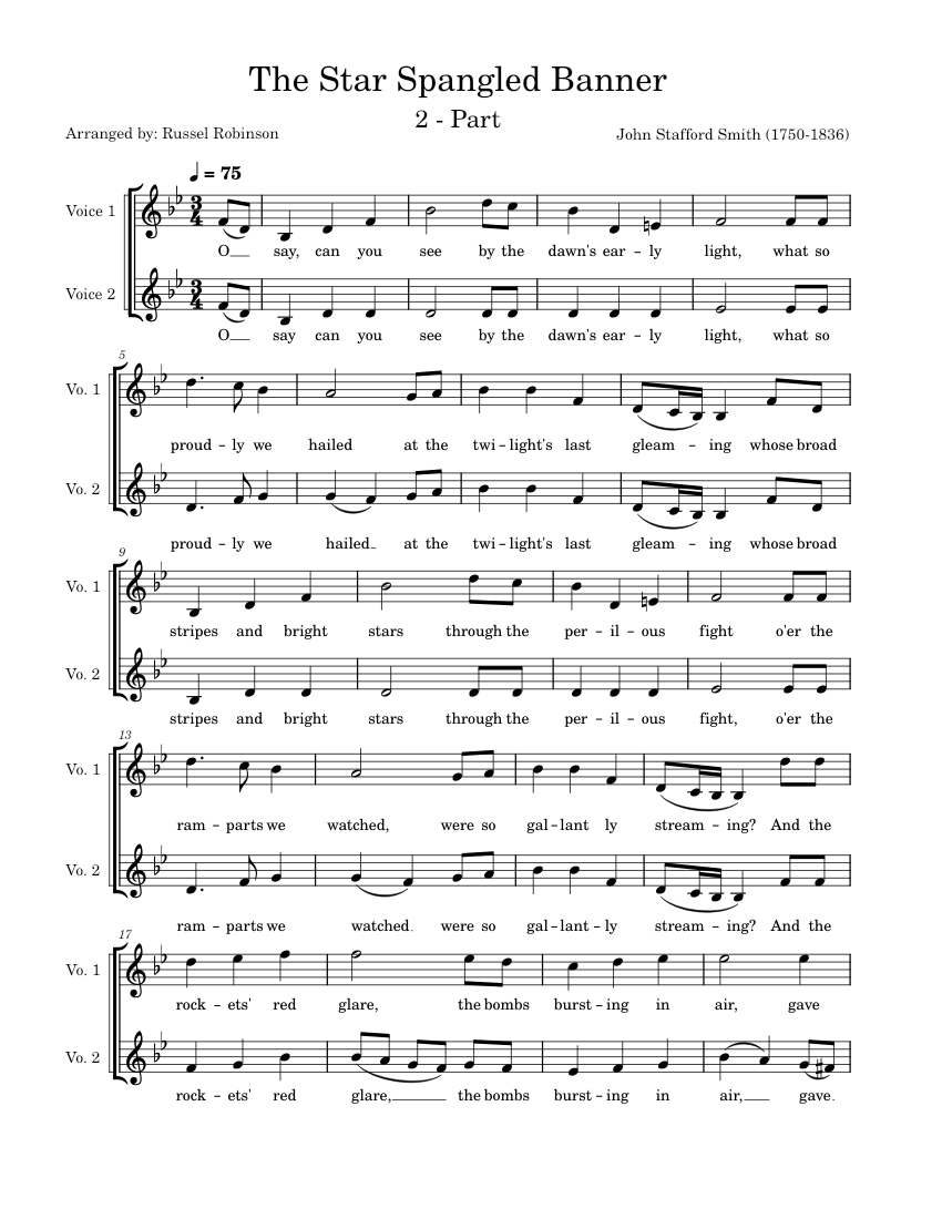 (2 Part Voice)The star-spangled banner – John Stafford Smith Sheet ...