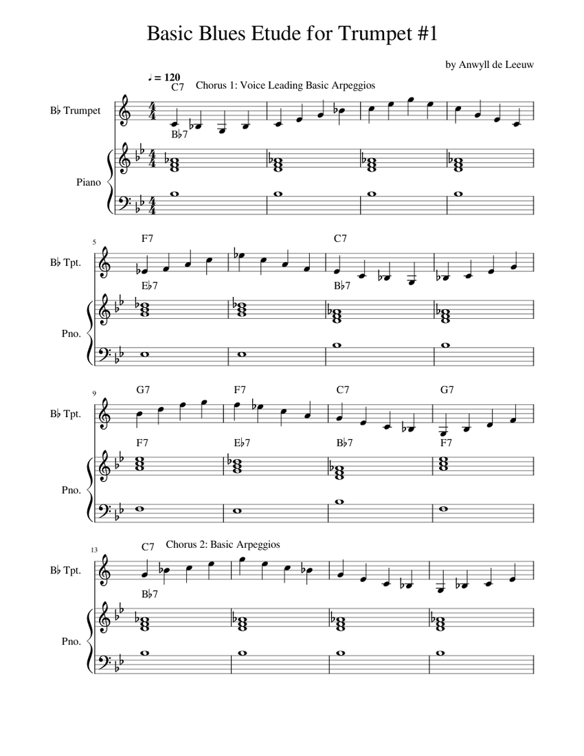 Blues in C Trumpet Etude #1 Sheet Music with Chords for Piano, Trumpet ...