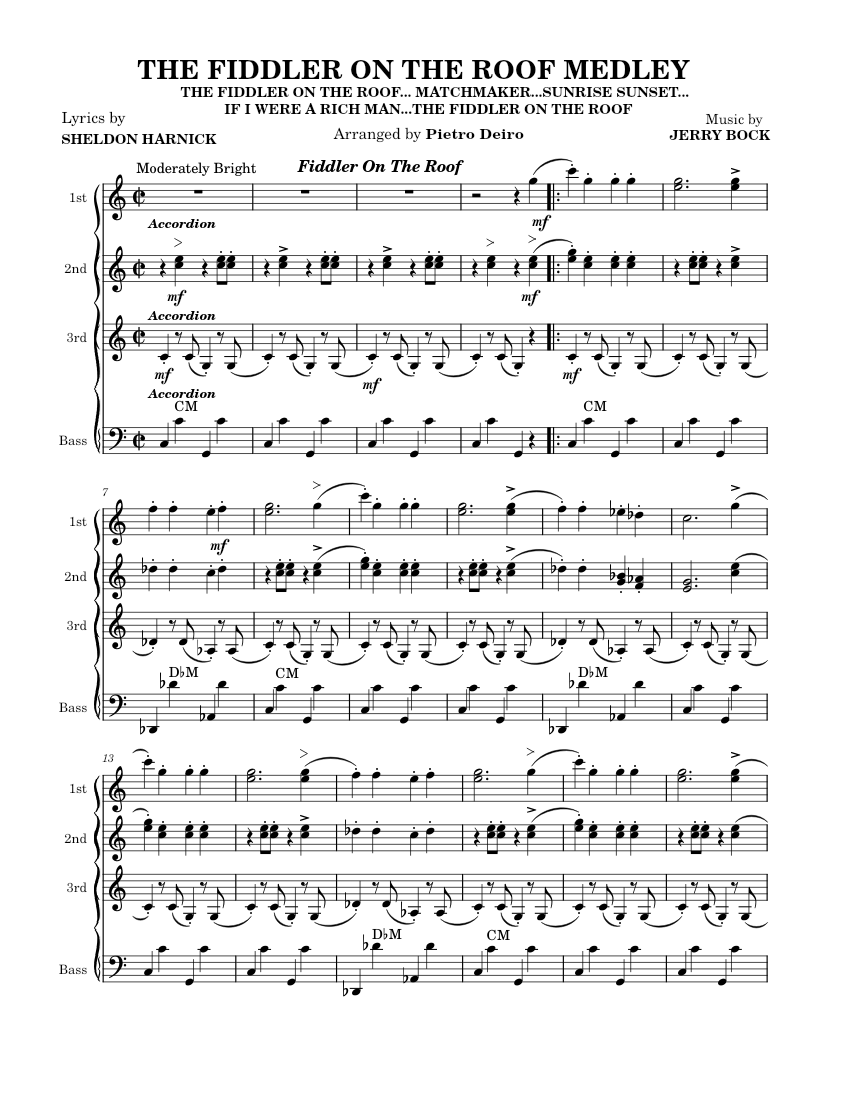 THE FIDDLER ON THE ROOF MEDLEY – JERRY BOCK Sheet Music with Chords for ...