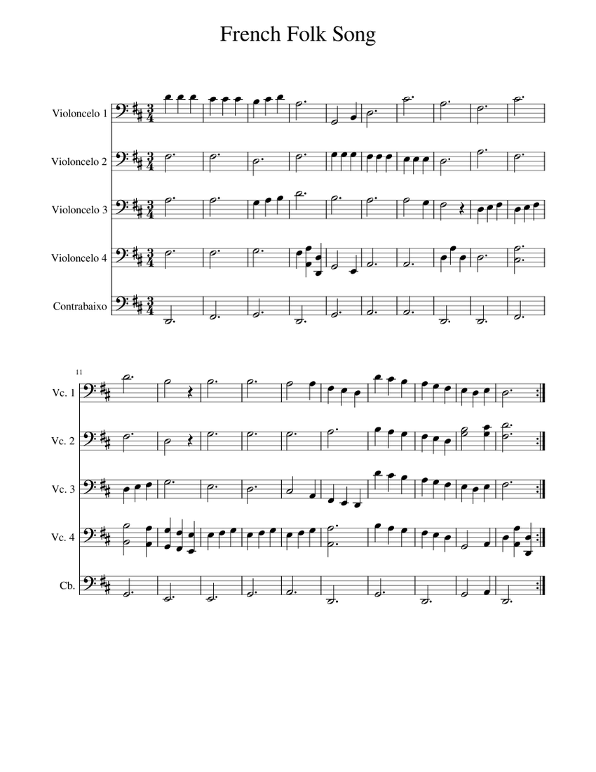 French_Folk_Song Sheet music for Contrabass, Cello (String Quintet ...