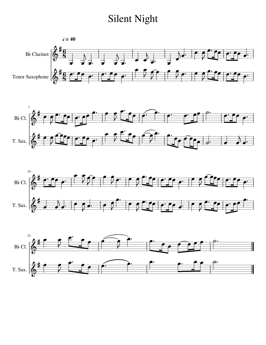 Silent Night Sheet music for Clarinet in b-flat, Saxophone tenor ...