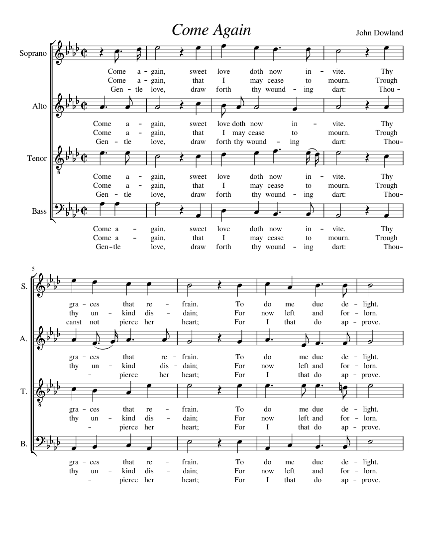 Come Again Sheet music for Soprano, Alto, Tenor, Bass voice (Choral ...