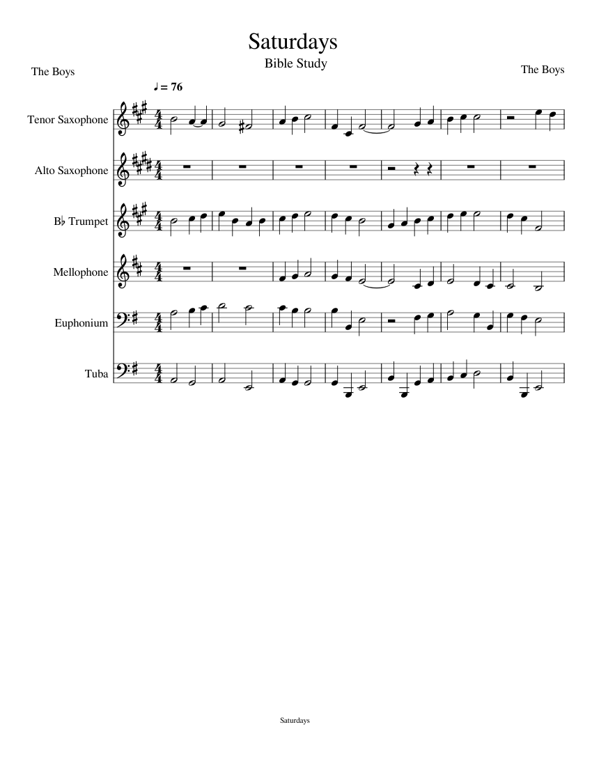 Saturdays Sheet Music for Euphonium, Tuba, Mellophone, Saxophone alto ...