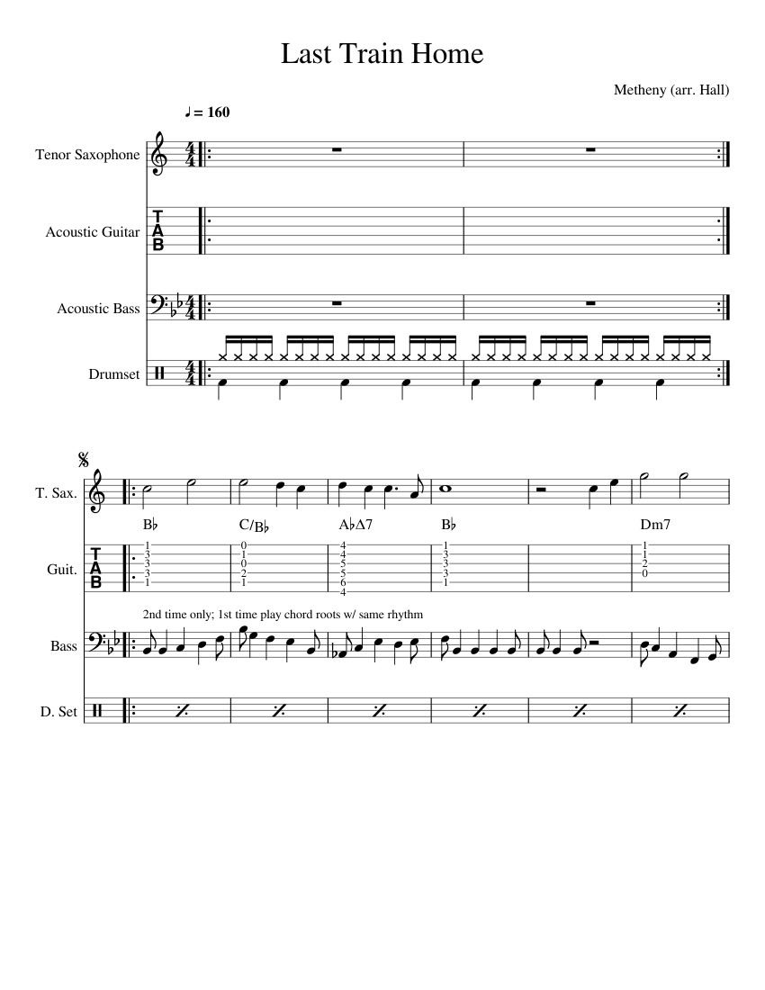 Last Train Home Sheet music for Saxophone tenor, Guitar, Bass guitar ...