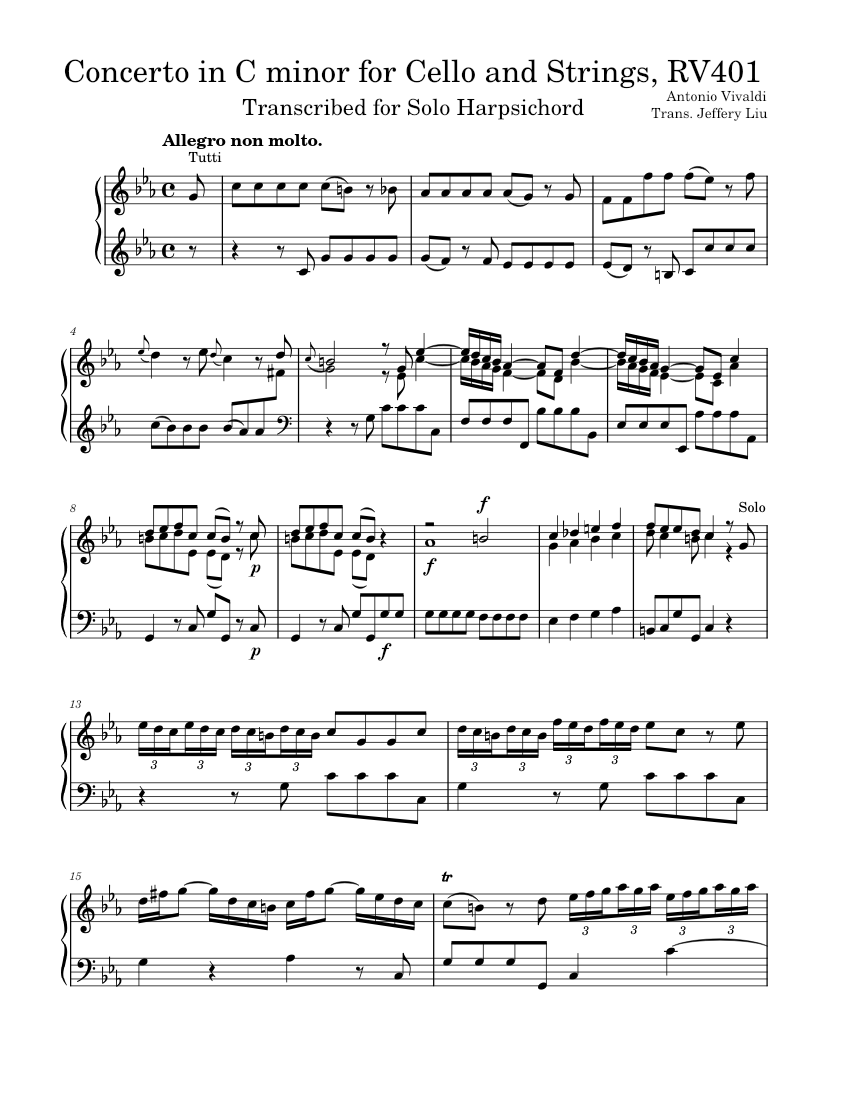 Cello Concerto in C minor, RV 401; Transcribed for Harpsichord – Antonio Vivaldi Sheet Music for ...