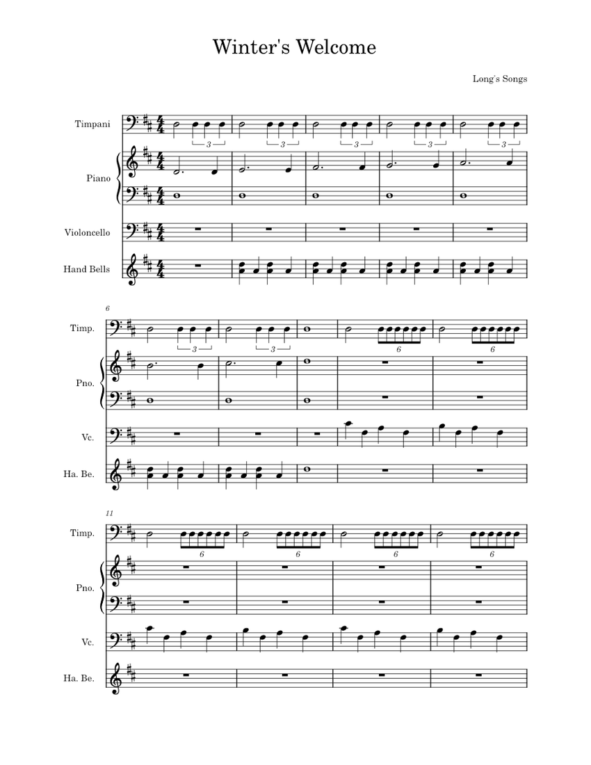 Winter's Welcome Sheet music for Piano, Timpani, Cello, Handbells ...