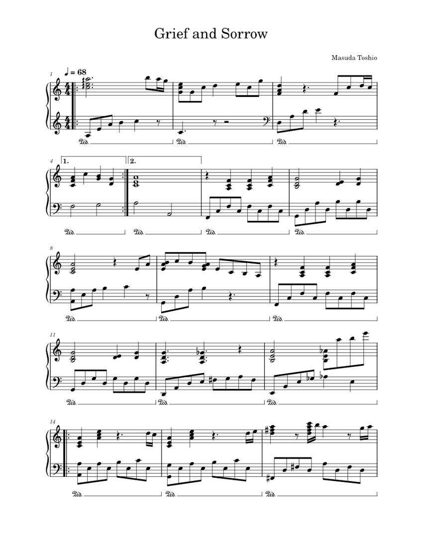 Grief And Sorrow Toshio Masuda Sheet Music For Piano Solo Easy