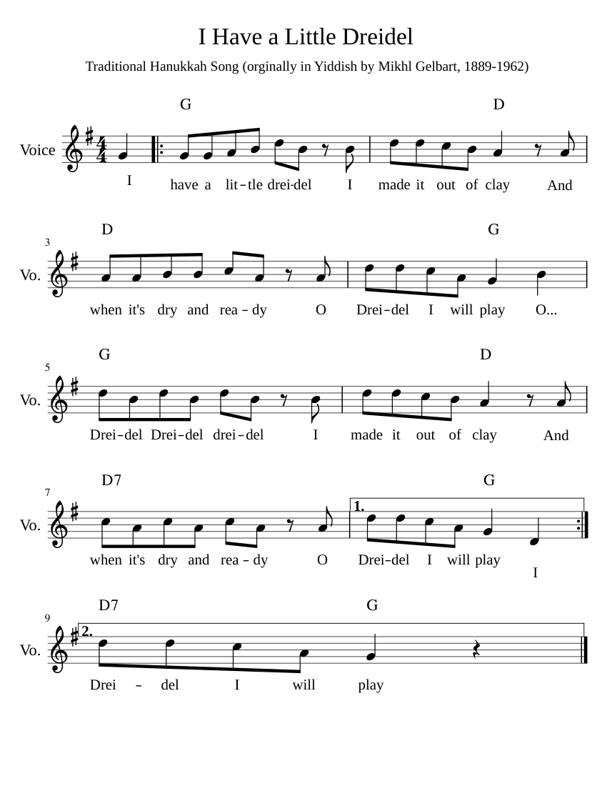 I Have a Little Dreidel Sheet Music with Chords for Voice (other) (Solo ...