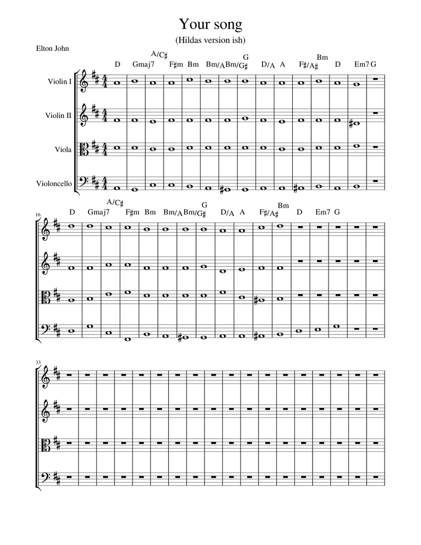 Your song Hilda Sheet music for Violin, Viola, Cello (String Quartet ...