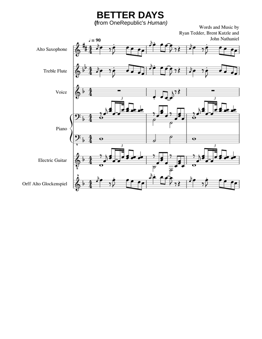 Better Days - OneRepublic Sheet music for Piano, Vocals, Flute ...
