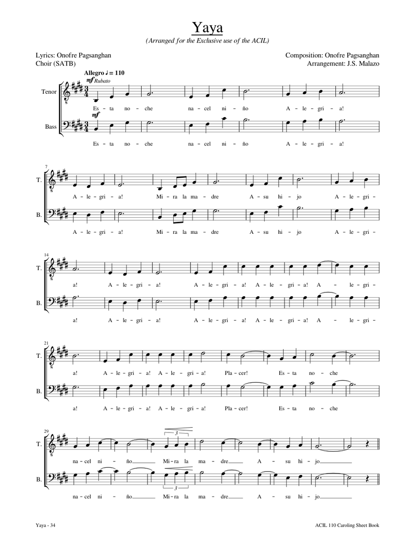 Yaya Sheet music for Soprano, Alto, Tenor, Bass voice (SATB ...