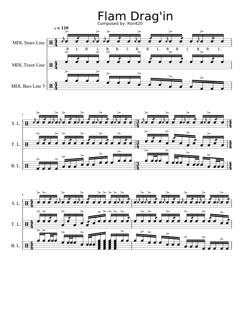 Flam Drag'in Sheet music for Snare drum, Tenor drum, Bass drum ...