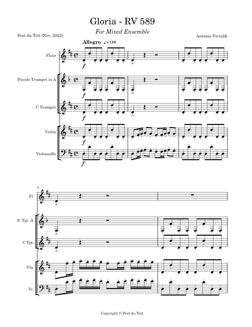 Gloria in D major, RV 589 – Antonio Vivaldi Sheet Music for Trumpet piccolo, Flute, Violin ...
